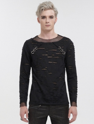 Black Gothic Punk Net Holes Long Sleeve T-Shirt for Men