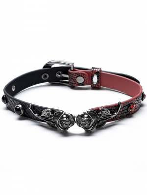 Black and Red Gothic Rose Buckle Leather Choker