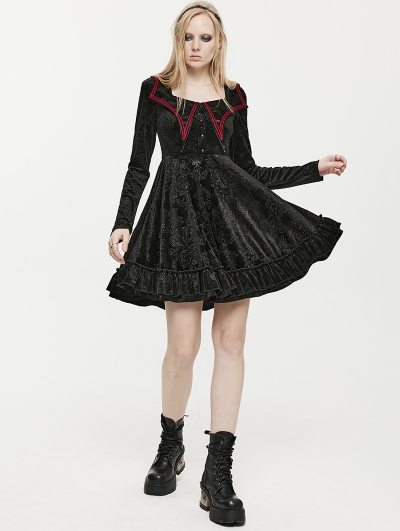 Red and Black Retro Gothic Bat Pointed Collar Short Velvet Dress