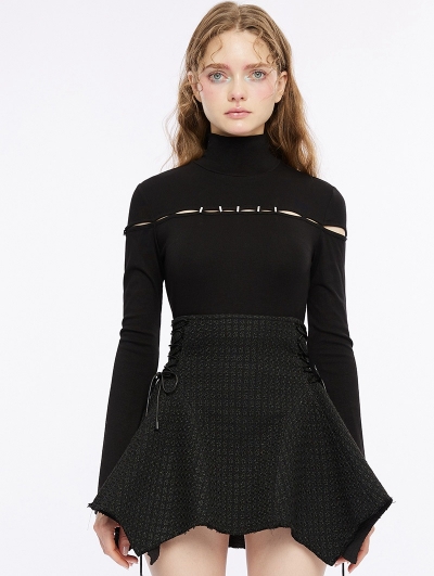 Black Gothic Hollow Out High Collar Long Sleeves T-Shirt for Women