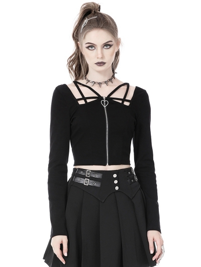 Black Gothic Punk Daily Wear Long Sleeve Short Top for Women ...
