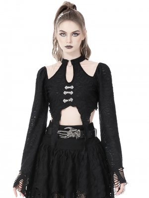 Black Gothic Sexy Keyhole Bell Sleeves Crop Top for Women