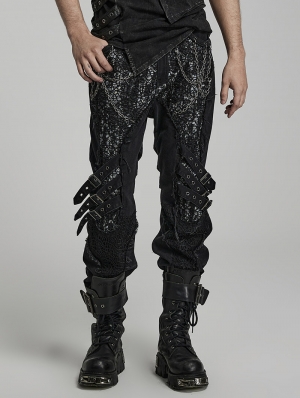 Black Gothic Punk Metal Chain Splicing Mesh Long Pants for Men