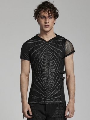Black Gothic Punk Lightwave Printed Hooded T-Shirt for Men