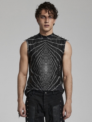 Black and Gray Gothic Cyberpunk Printed Sleeveless T-Shirt for Men