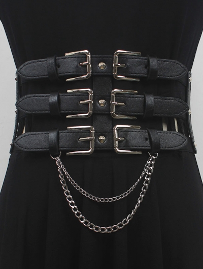 Black Dark Cyberpunk Gothic Functional Belt with Chain - Devilnight.co.uk