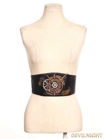 Black Steampunk Leather Style Clock Belt - Devilnight.co.uk