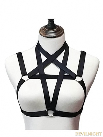 Black Sexy Gothic Pentagram Harness Cupless Bra - Devilnight.co.uk