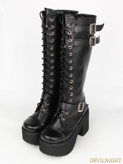 Black Gothic Punk Pu Leather Lace Up Belt High Heel Knee Boots