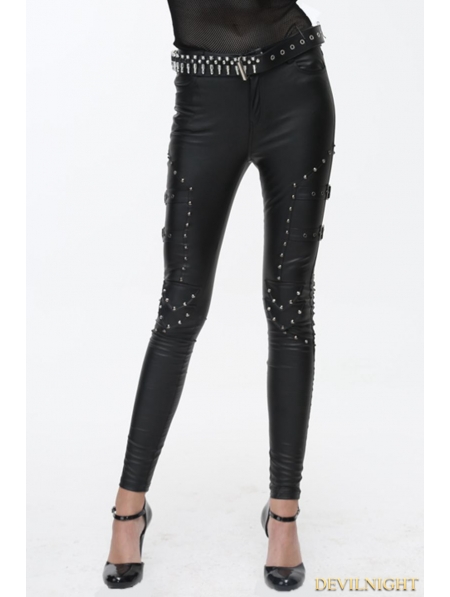 Black Gothic Punk Pu Leather Rivets Pants For Women Uk