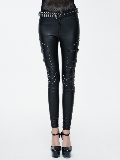 Black Gothic Punk Pu Leather Rivets Pants For Women Uk