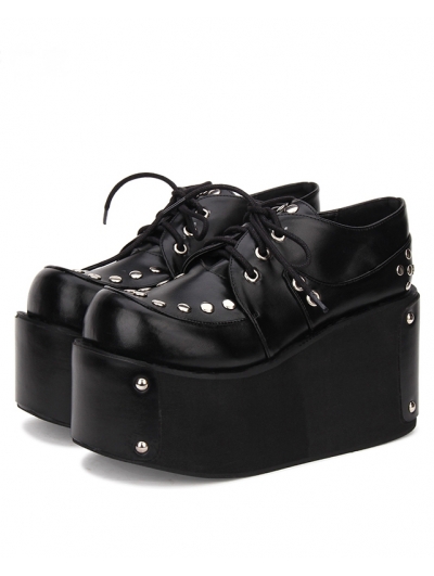 Black Gothic Punk Rivet Lace-up Platform Shoes - Devilnight.co.uk