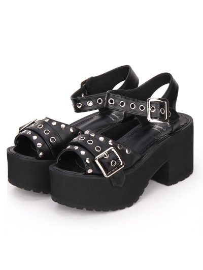 Black Gothic Punk Rivet Platform Sandals - Devilnight.co.uk
