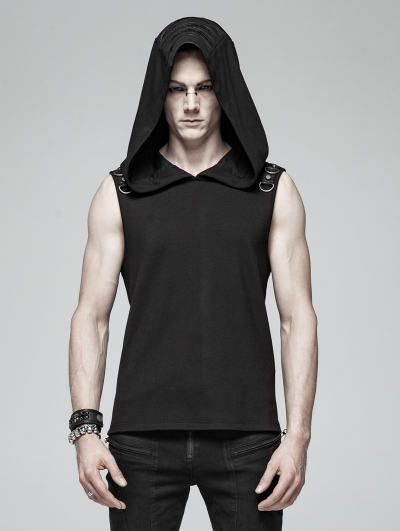 Black Gothic Punk Sleeveless Hooded Tank Top for Men