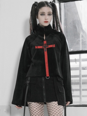 Black Street Fashion Grunge Gothic Cross Pantern Long Sleeve Casual Top for Women