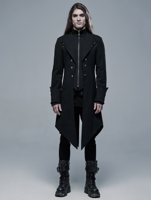 Black Gothic Punk Striped Long Jacket for Men