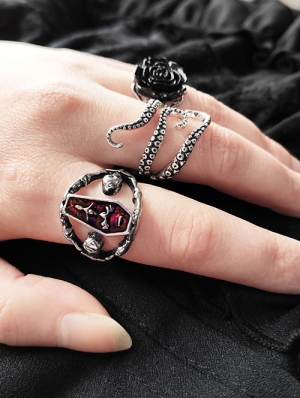 Dark Red Gothic Punk Rock Vampire Skull Cross Coffin Ring