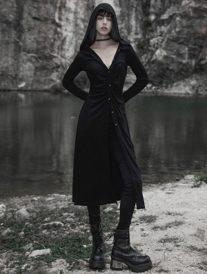 Black Gothic Dark Knit Hooded Long Cardigan for Women