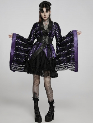 Black and Violet Gothic Embroidered Lace Kimono Dress for Women