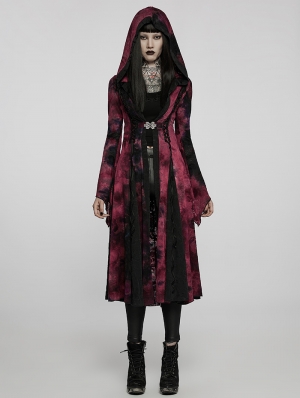 Black and Red Gothic Dark Wizard Long Hooded Coat for Women