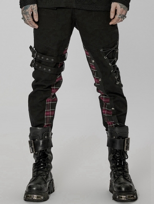 Black and Red Handsome Gothic Punk Plaid Spliced Long Pants for Men