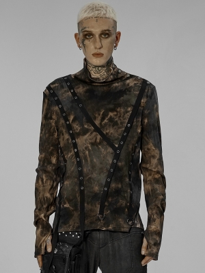 Gray and Yellow Gothic Punk Tie-Dyed Long Sleeve Pullover T-Shirt for Men