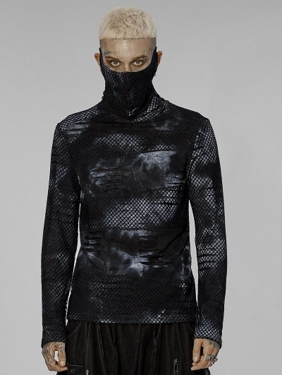 Black and Gray Gothic One-Piece Masked Long Sleeve T-Shirt for Men