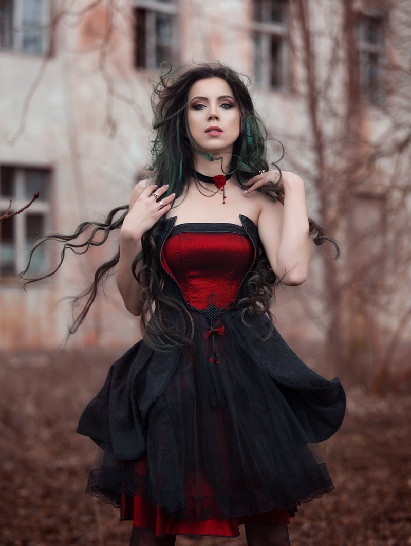 Red and Black Gothic Pattern Party Dress - Devilnight.co.uk